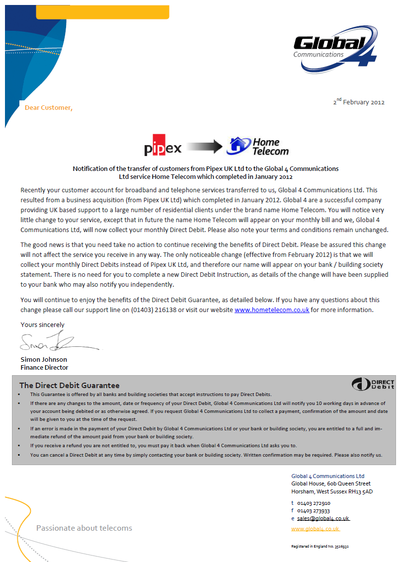 Pipex UK Ltd customers transferred to Global 4 Communications ...
