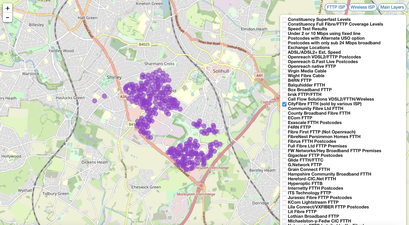 Solihull CityFibre footprint on our maps | thinkbroadband