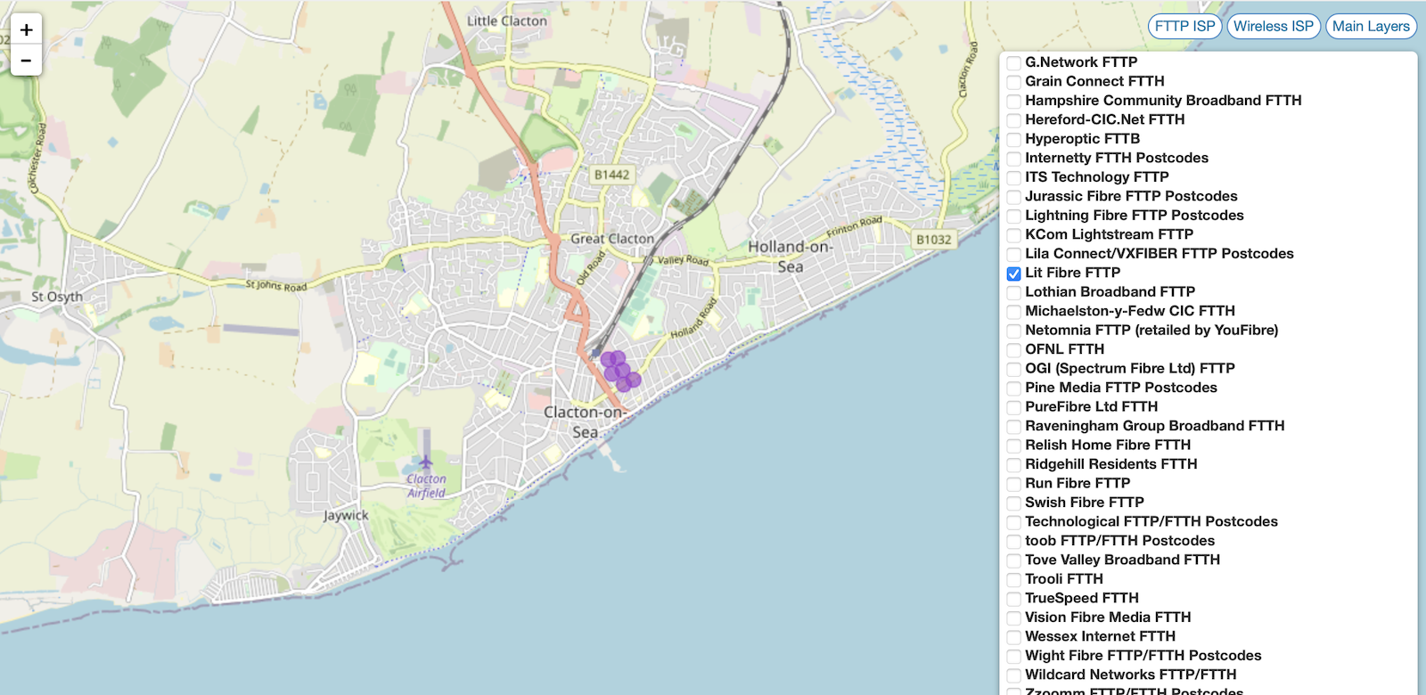 Maps of Clacton now showing LitFibre full fibre | thinkbroadband